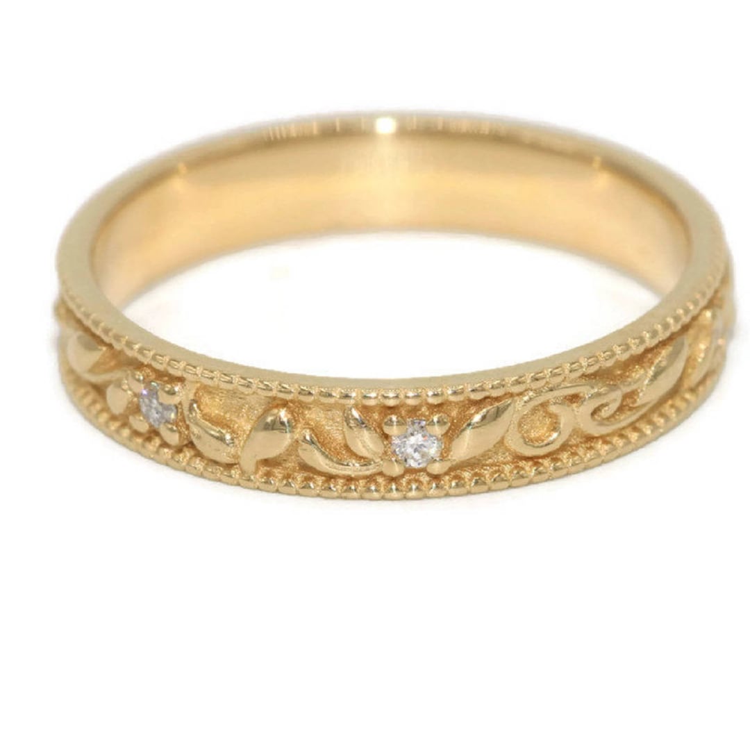 Vine Leaf Pattern Rustic Inspired Wedding Eternity Ring 14k Solid Gold ...