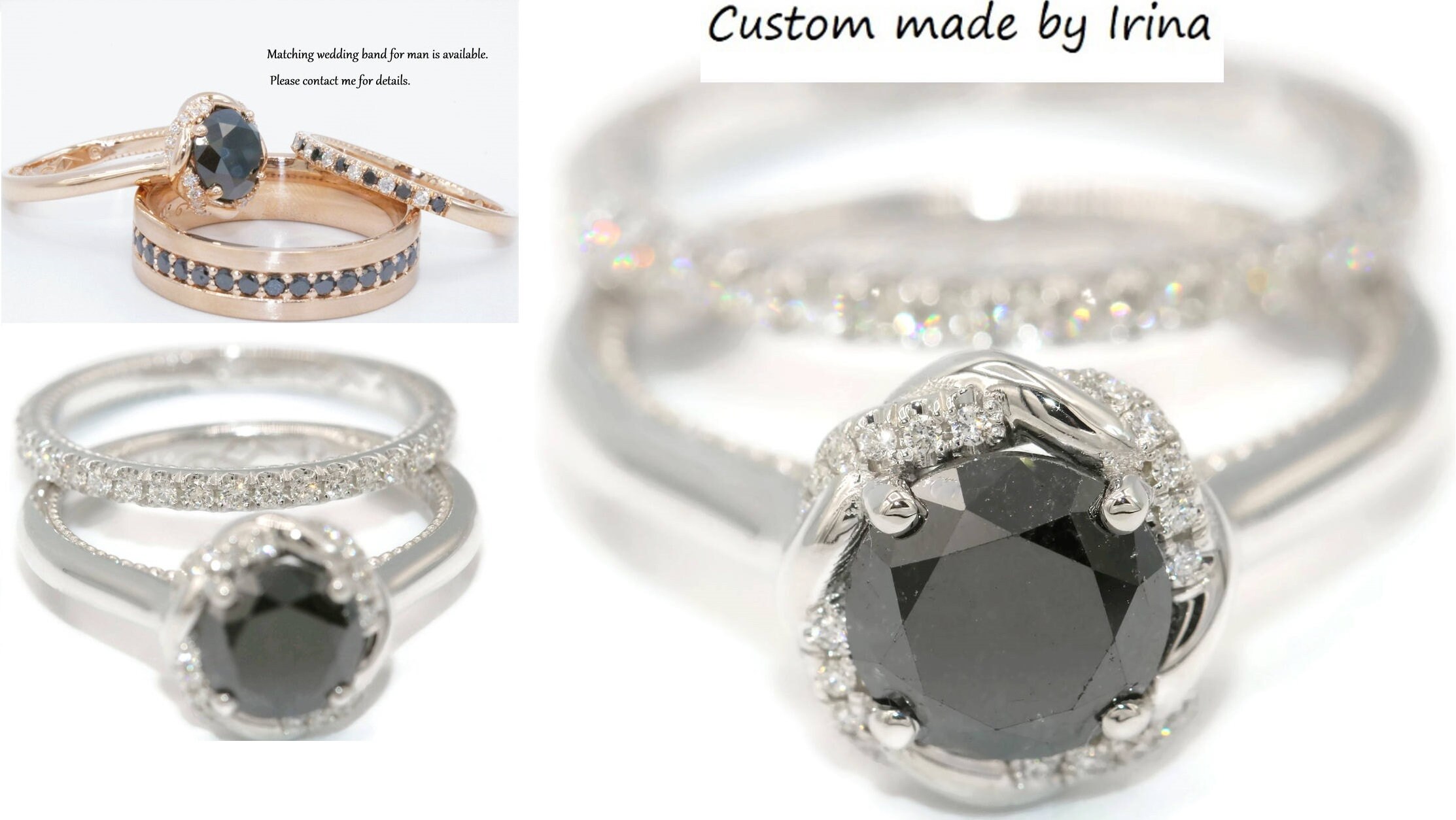 Black Diamond Engagement Ring set, rose gold engagement ring with ...