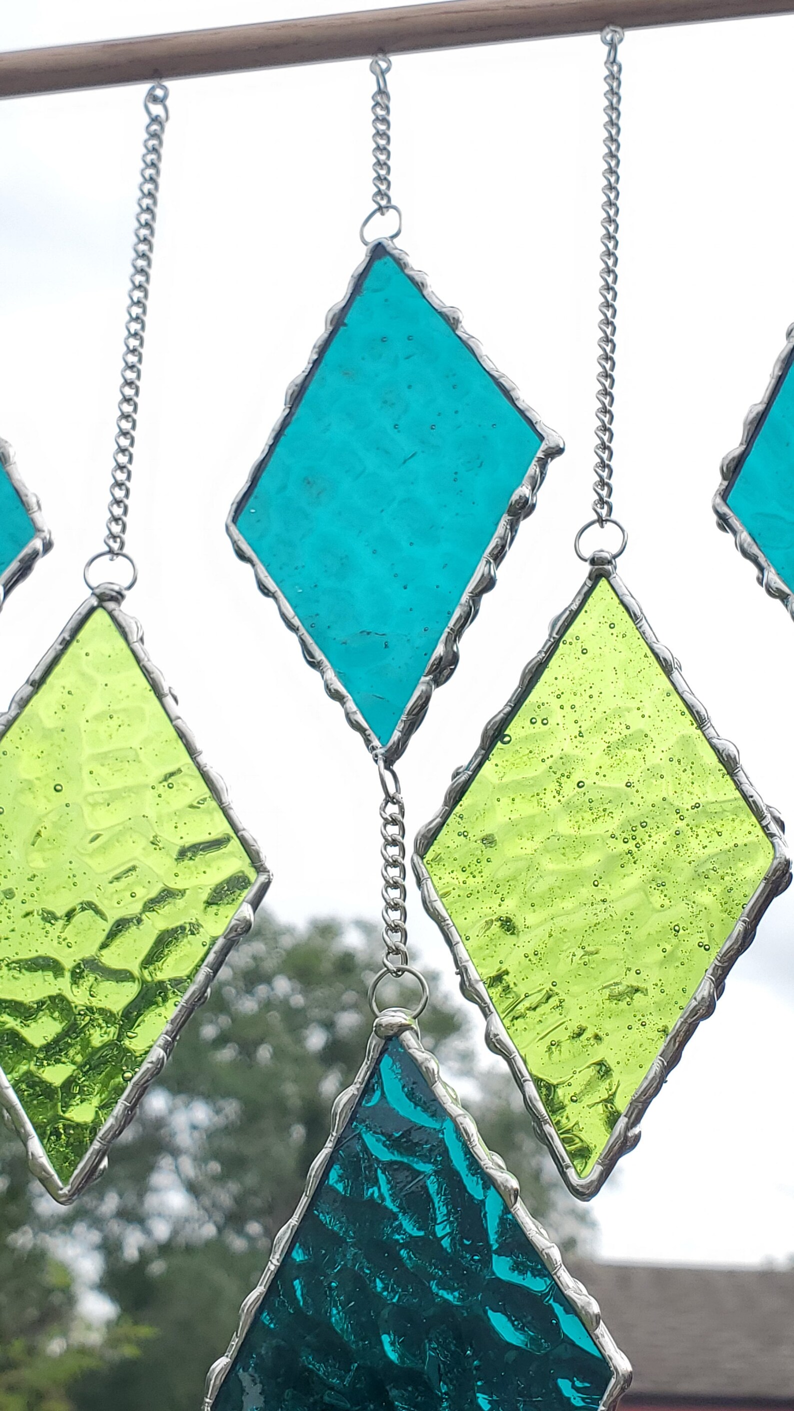 Stained Glass Diamond Shapes Sun Catcher / Green Teal Stained - Etsy