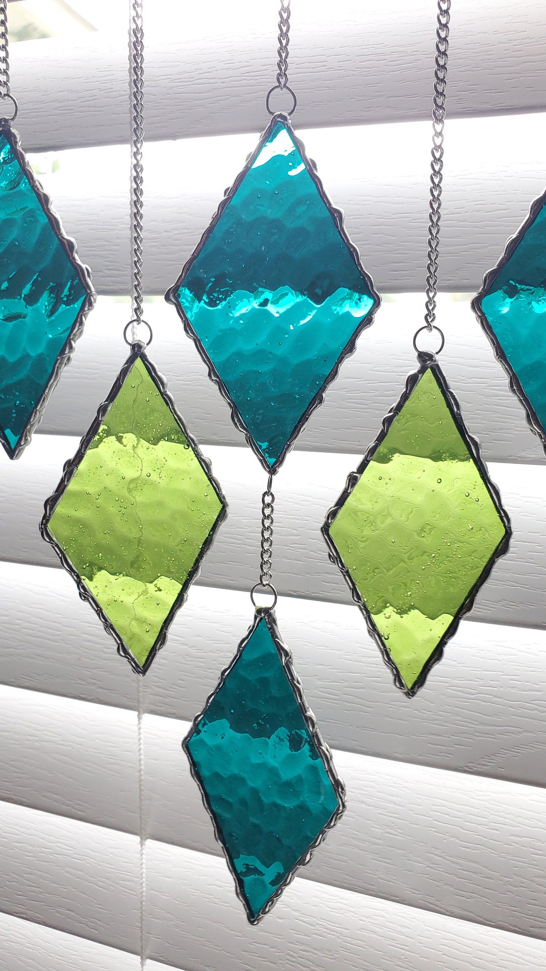 Stained Glass Diamond Shapes Sun Catcher / Green Teal Stained Glass ...