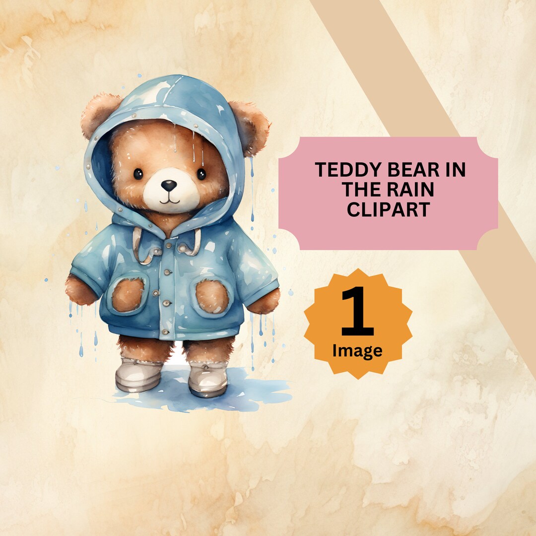Teddy Bear in the Rain Blue Jacket Watercolour Clipart PNG Illustration ...
