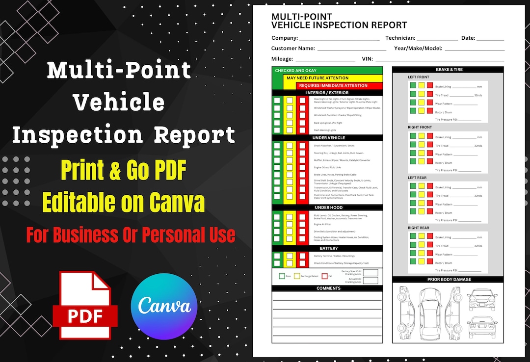 PDF Printable Vehicle Inspection Report, Editable, Used Vehicle ...