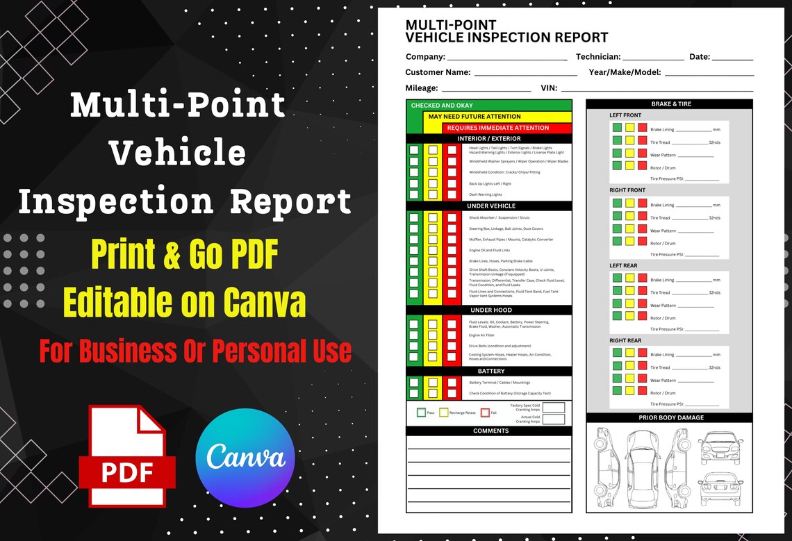 PDF Printable Vehicle Inspection Report, Editable, Used Vehicle ...
