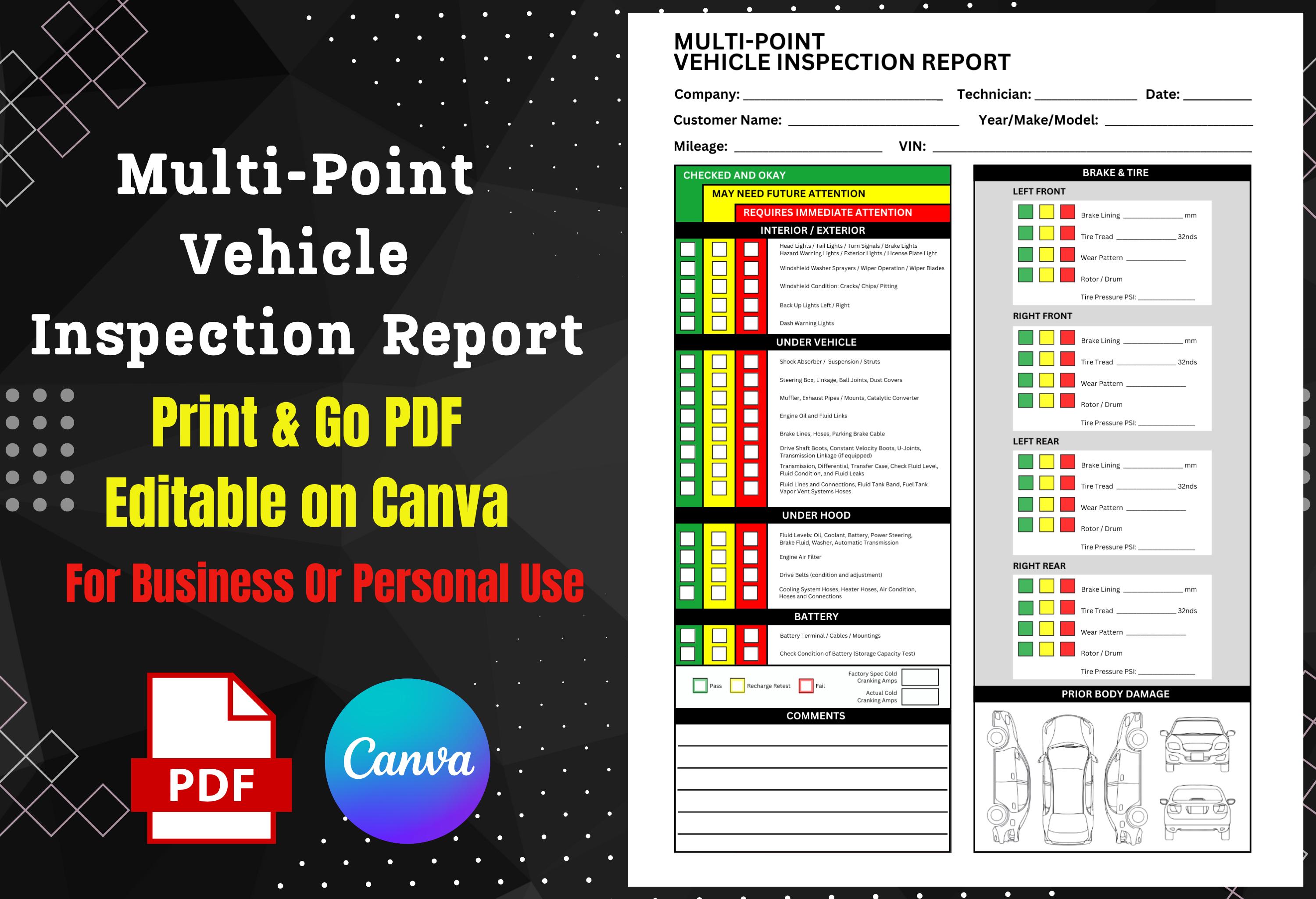 PDF Printable Vehicle Inspection Report, Editable, Used Vehicle ...
