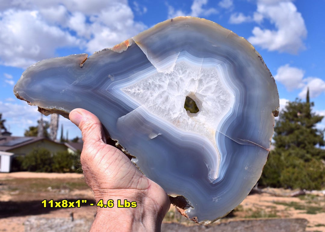 Large Natural Banded Blue Agate & White Quartz Crystal Geode Slab Slice ...