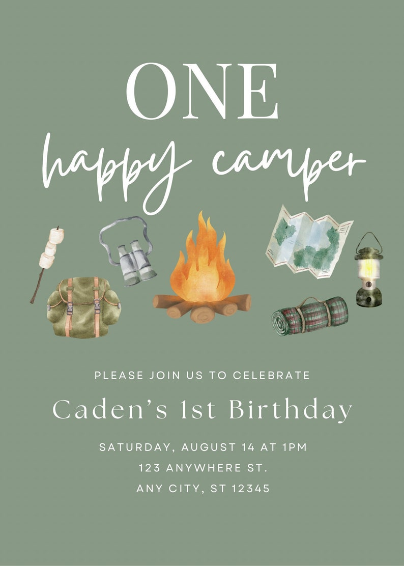 ONE Happy Camper!! Camping Theme First Birthday Party Invitation ...