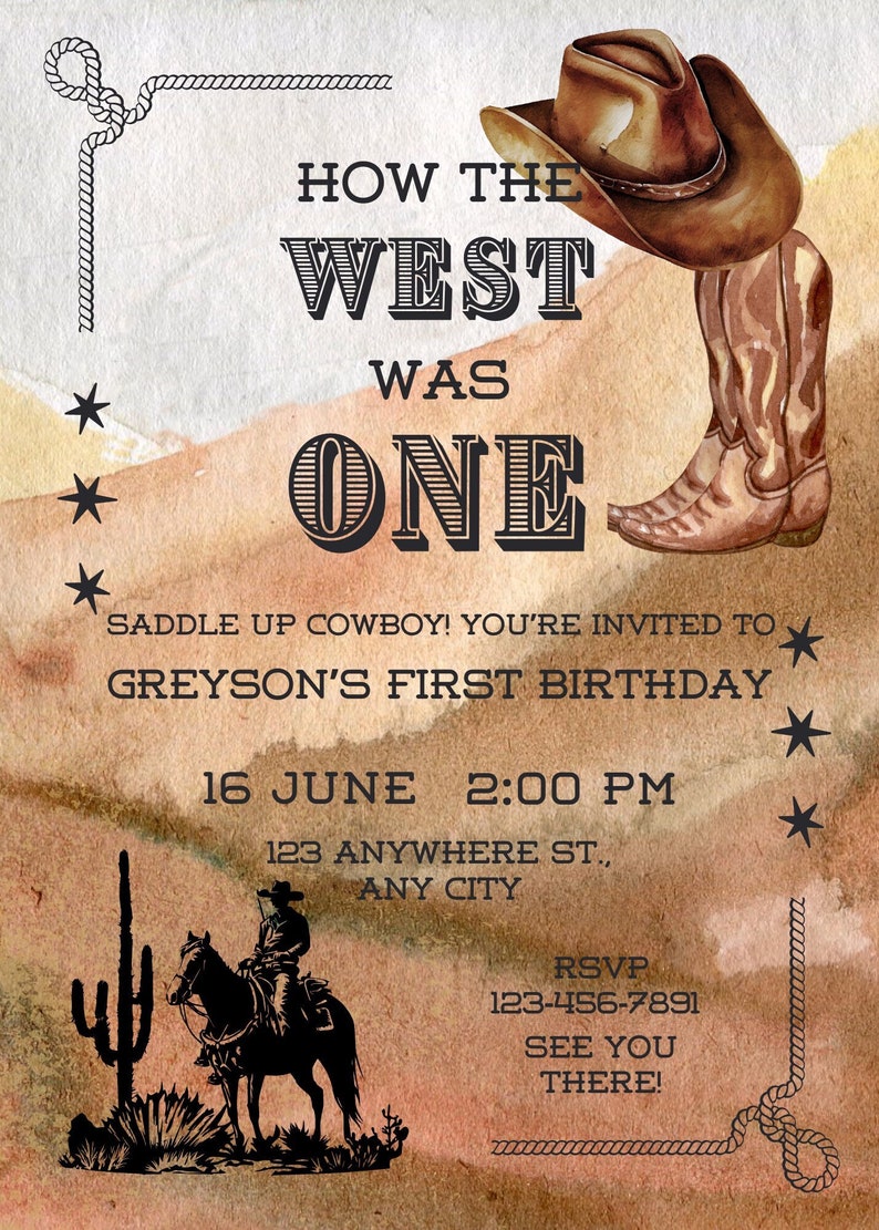 Cowboy Western Theme First Birthday Party Invite!! Editable Invite for ...