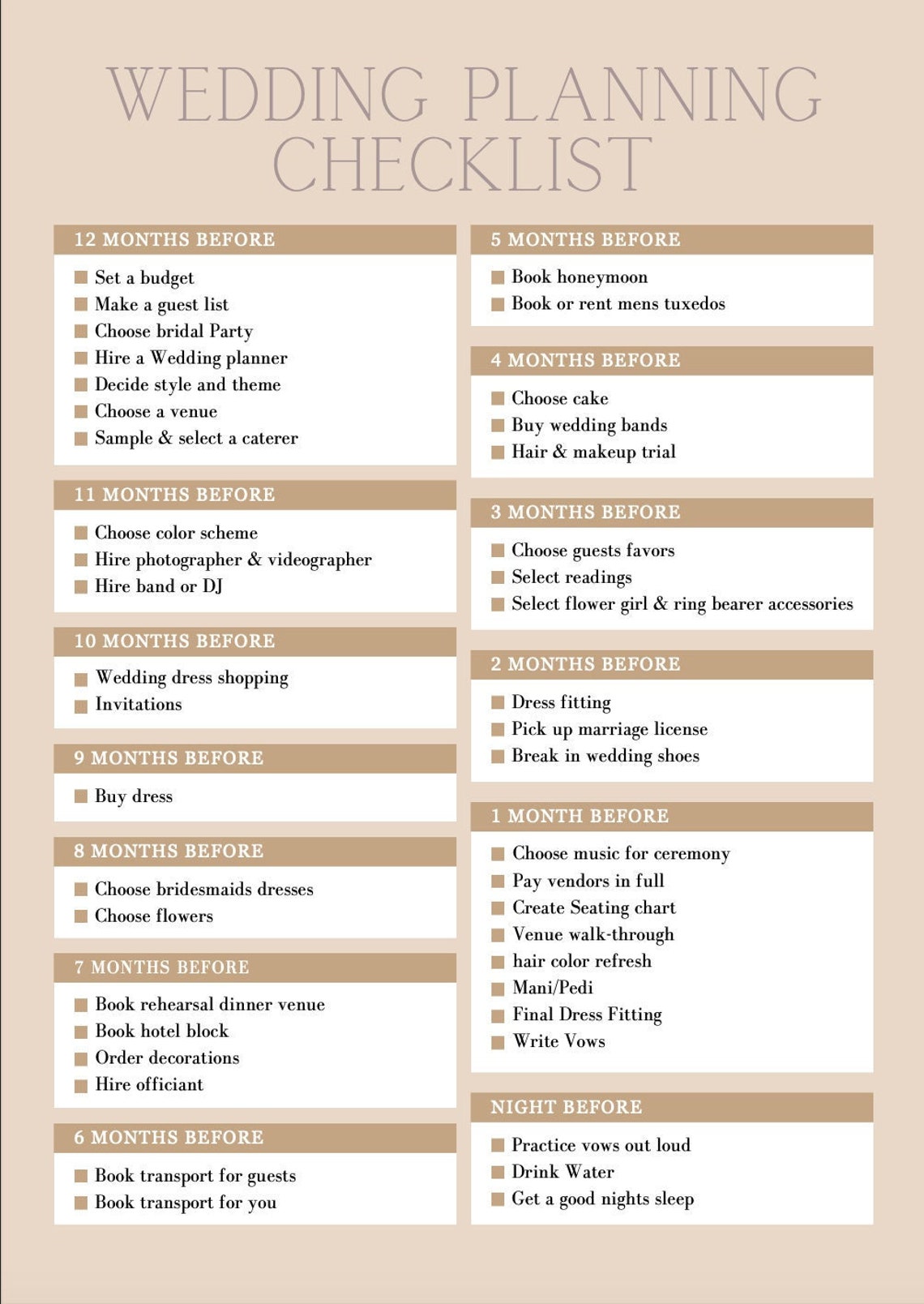 Monthly Wedding Checklist Printable Wedding Planner. Digital File. - Etsy