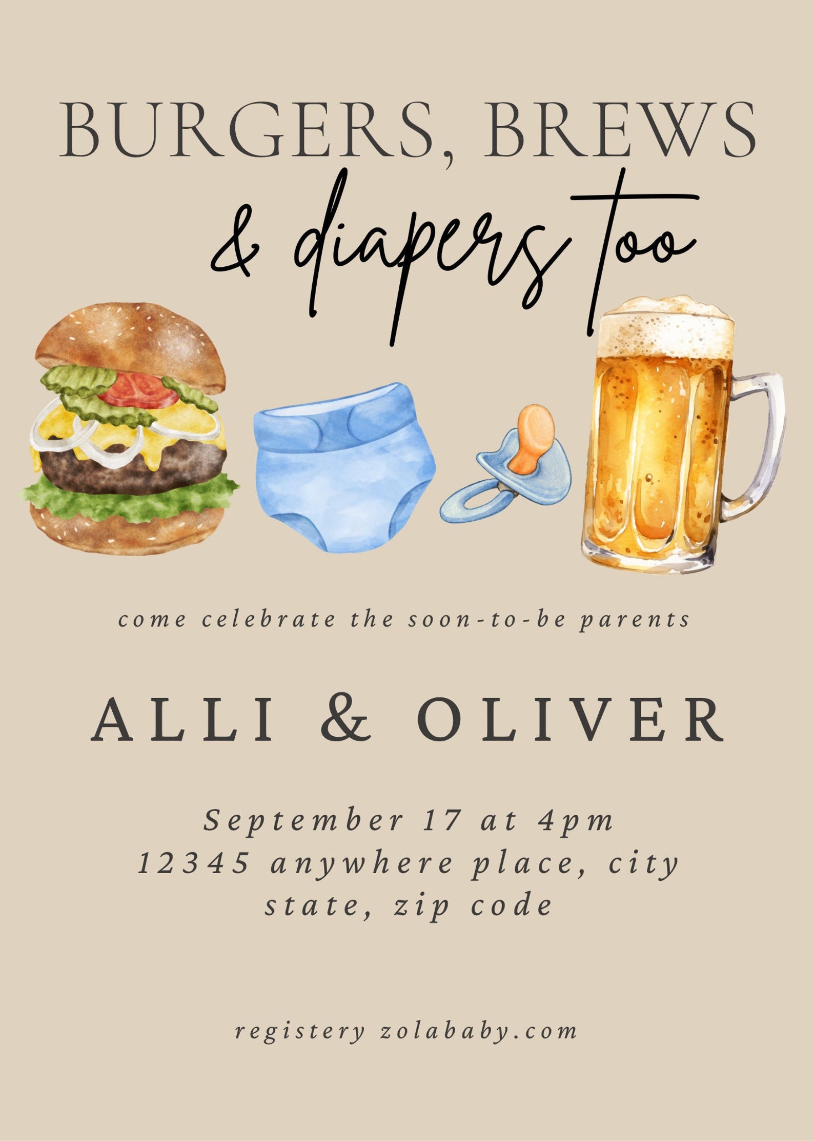 Burgers, Brews & Diapers Too!! Baby Shower Invite Template!! Easily ...