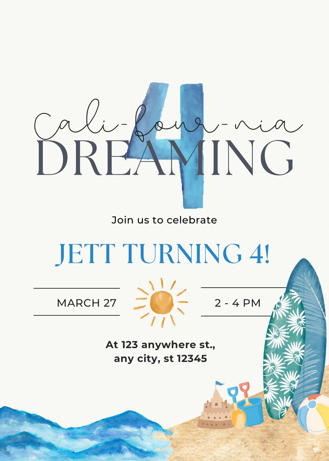 California Dreaming Birthday Invitation!! Editable Beach Theme 4th ...