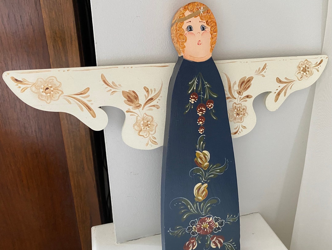 Lg Rosemaling Wall Angel Vintage Blue Wood Hanging Folk Art Modern ...
