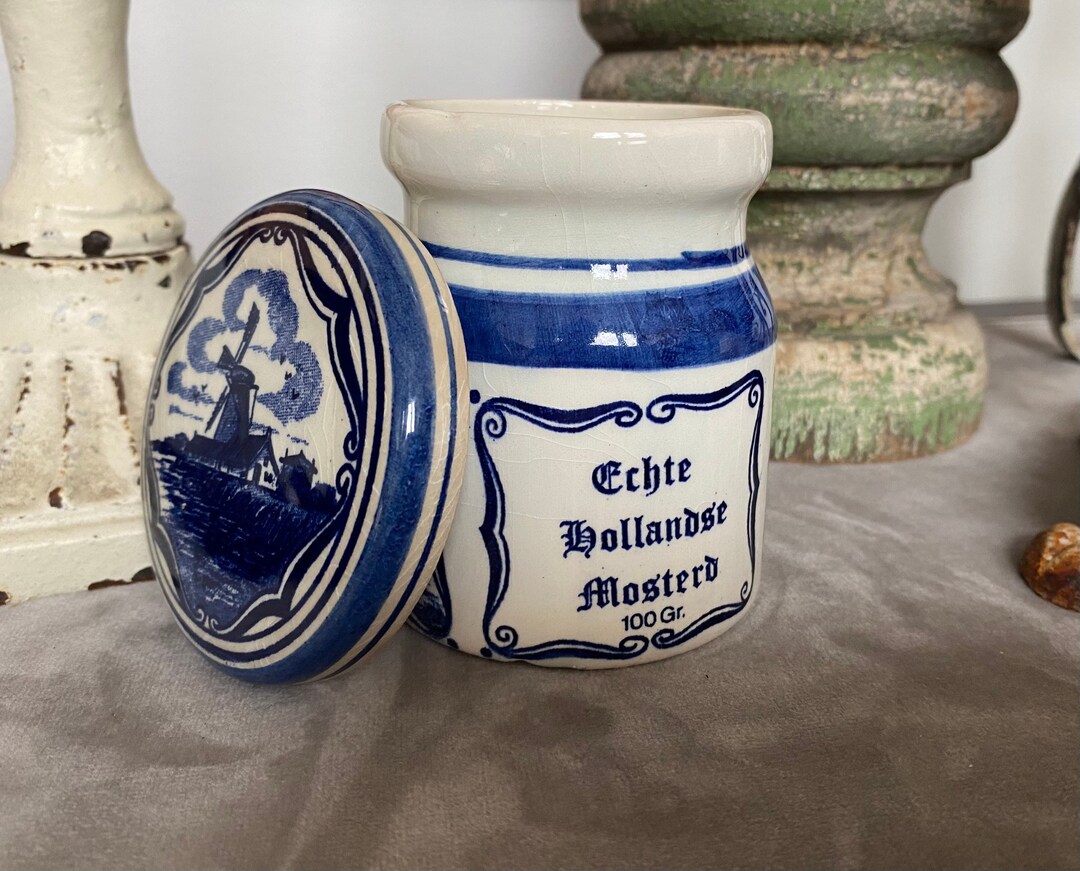Dutch HAND Painted DELFT Mustard Jar Vintage Blue & White Ironstone Jam ...