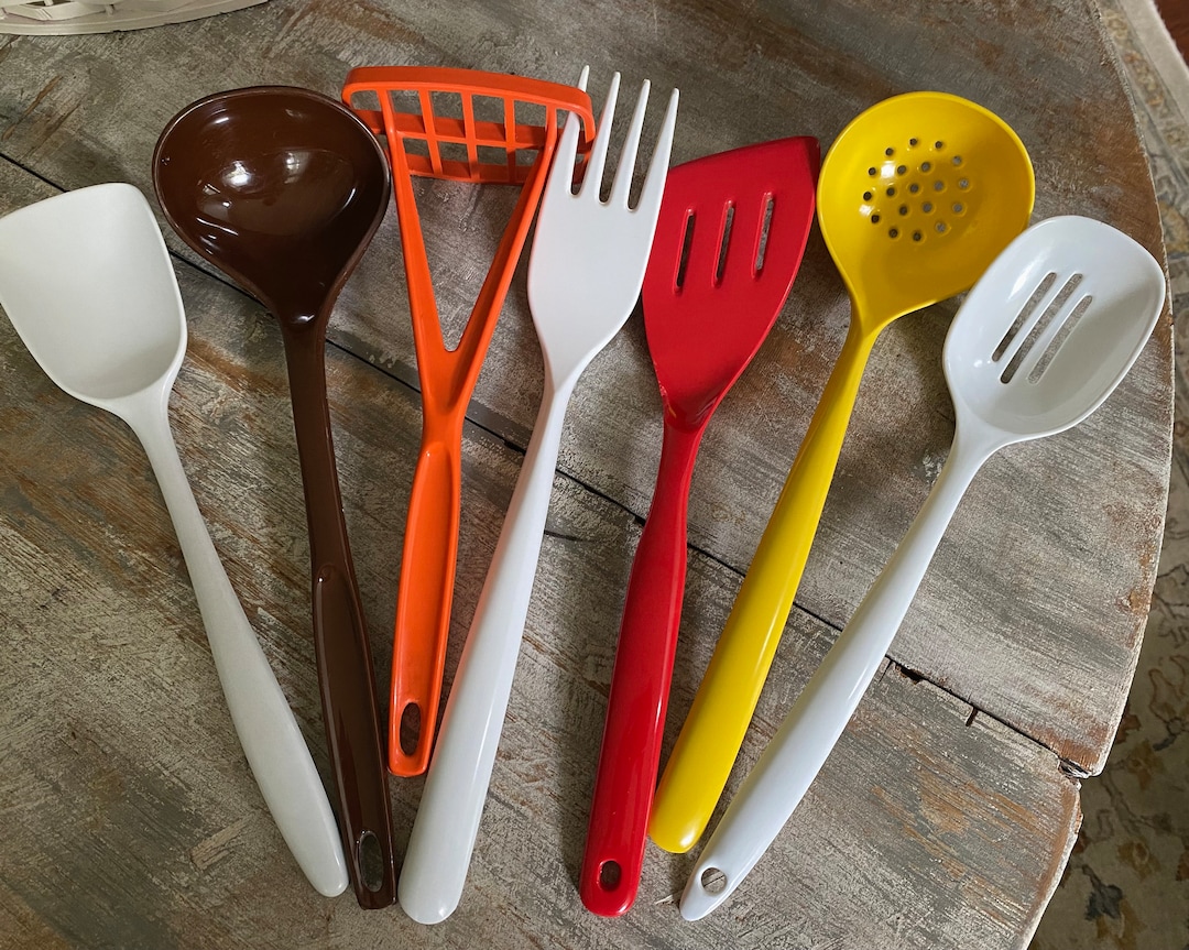 Set 7 MELAMINE Utensils Vintage COPCO Foley White Slotted Spoon Spatula ...