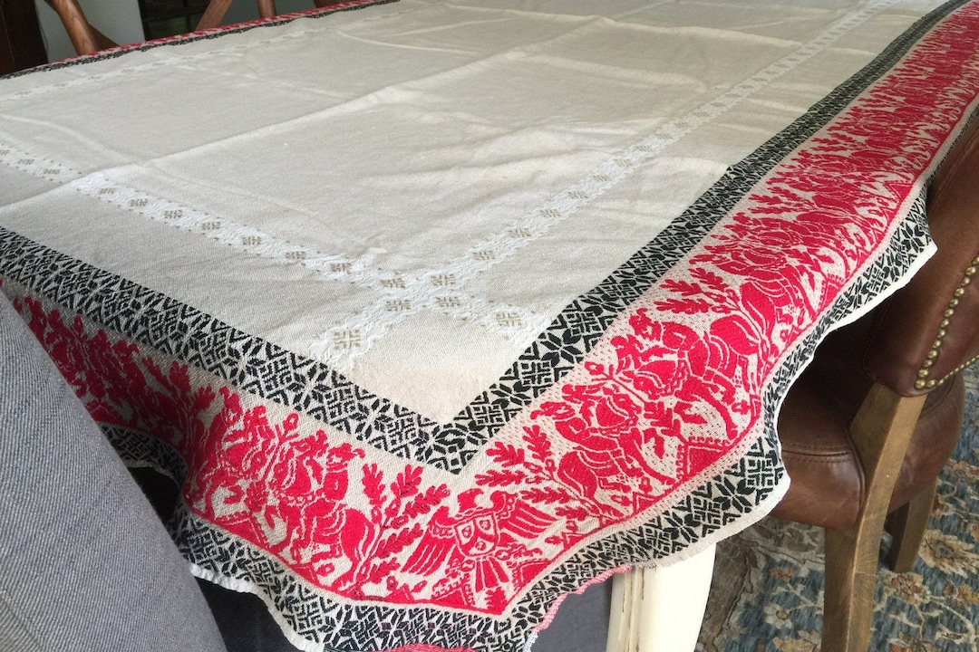 German JACQUARD 90" Natural Flax Linen Wool Tablecloth Red Greige ...