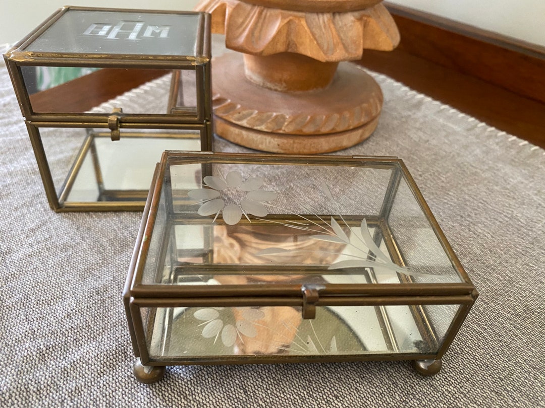 MINT Pair Etched Glass & BRASS Boxes Footed Mismatched Vintage Jewelry ...