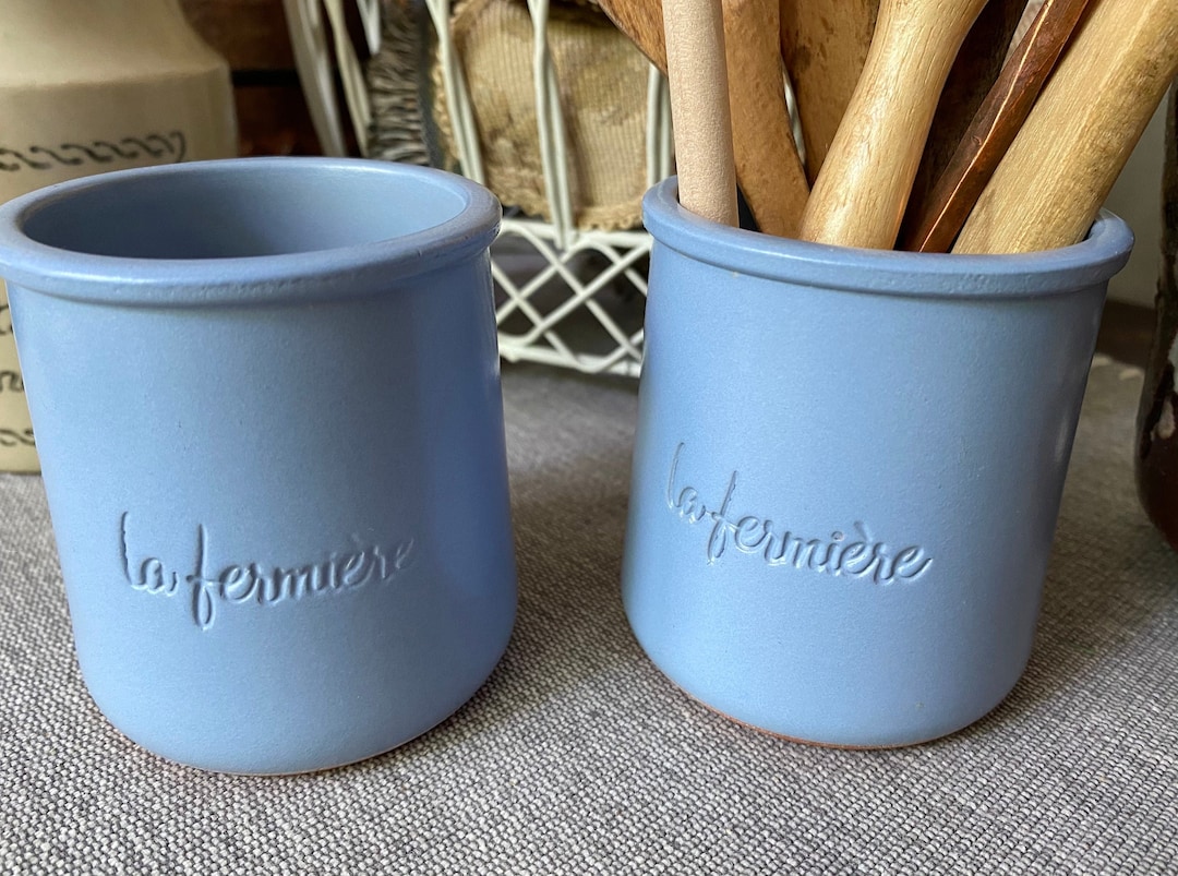 Pair French STONEWARE Yogurt Pots Modern Farmhouse Ceramic BLUE Jam ...