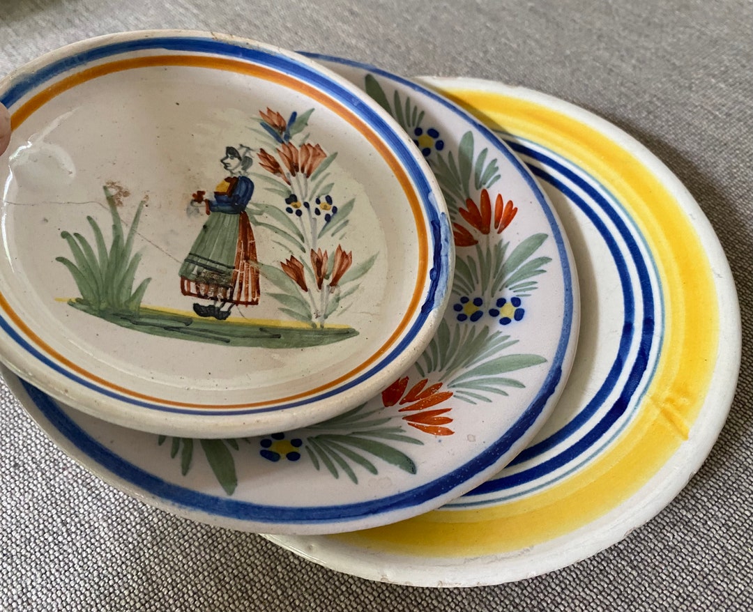 Set 3 HENRIOT Quimper Stacking Dessert Plates Vintage Mismatched Yellow ...