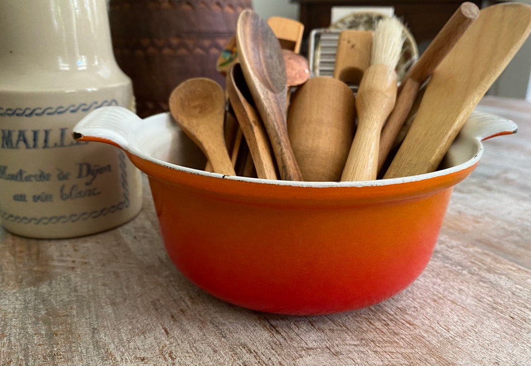 Belgian ENAMEL Cast Iron Casserole Pan Vintage FLAME Red Orange Serving ...