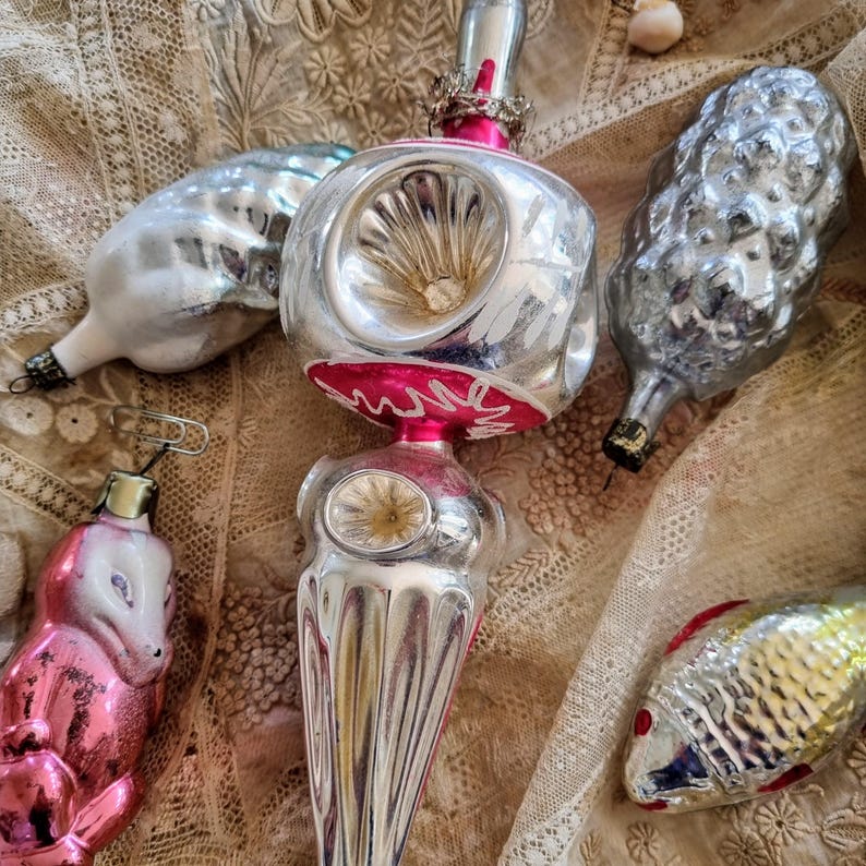 Vintage Antique Christmas Tree Decorations Ornaments Fir Feather Tree..antique Glass Tree Topper ...