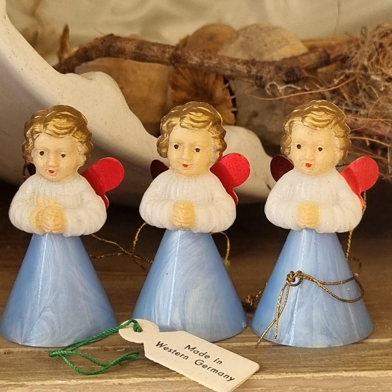 3 Western Germany Christmas Angels Vintage With Blue Dresses & Red ...