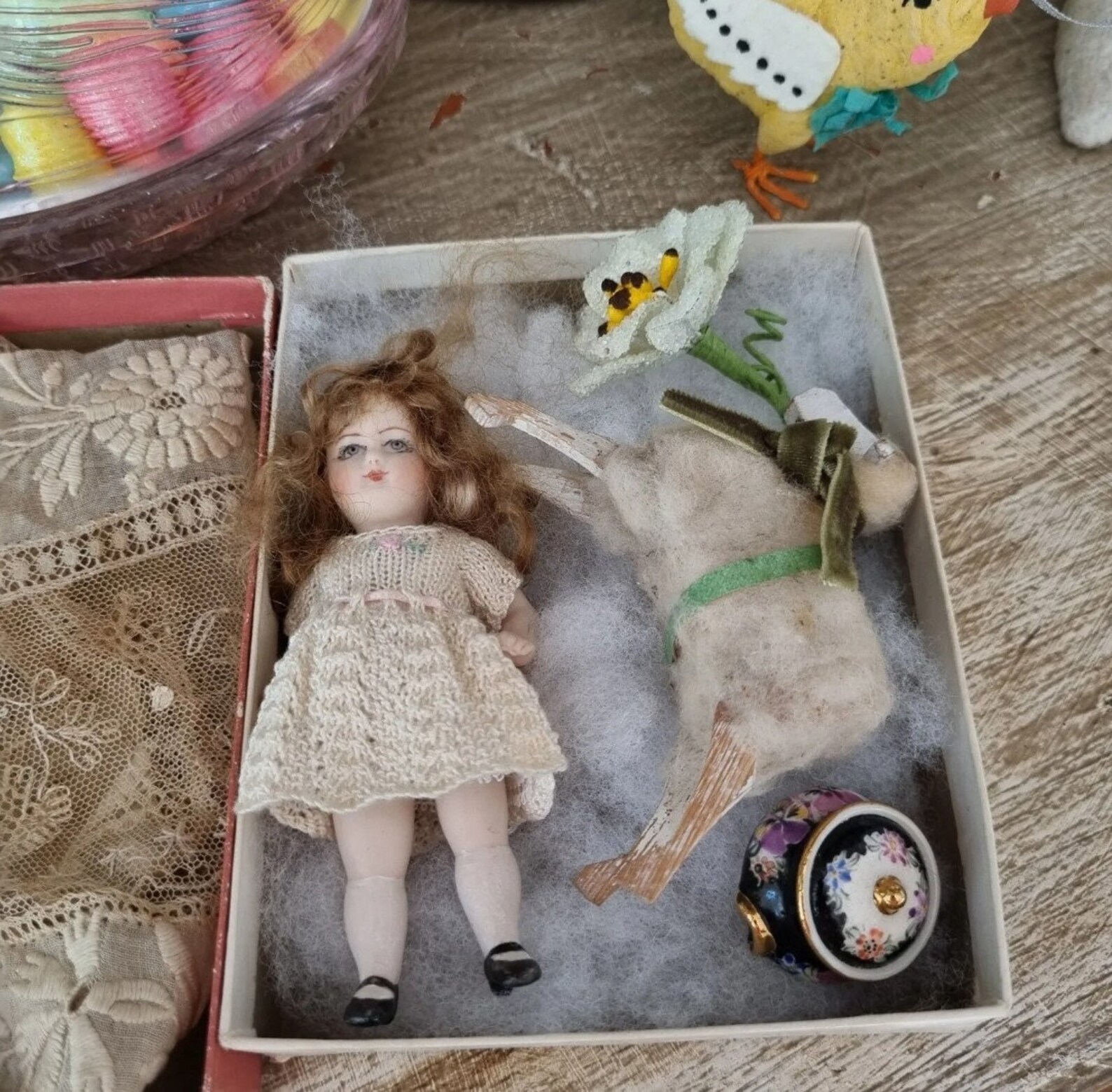 Antique German Mignonette Doll in Box With Putz Rustic Sheep Antique ...