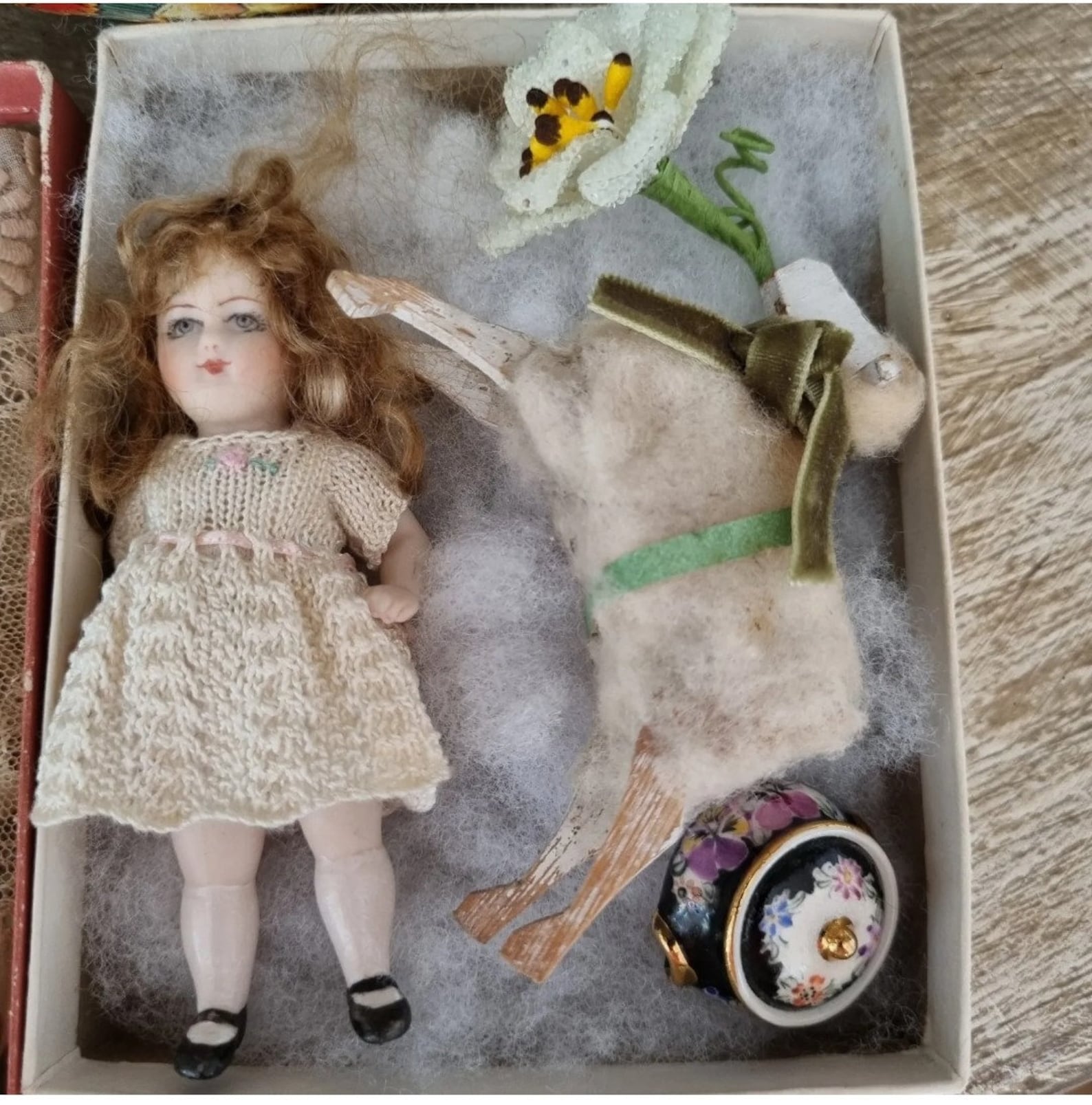 Antique German Mignonette Doll in Box With Putz Rustic Sheep Antique ...