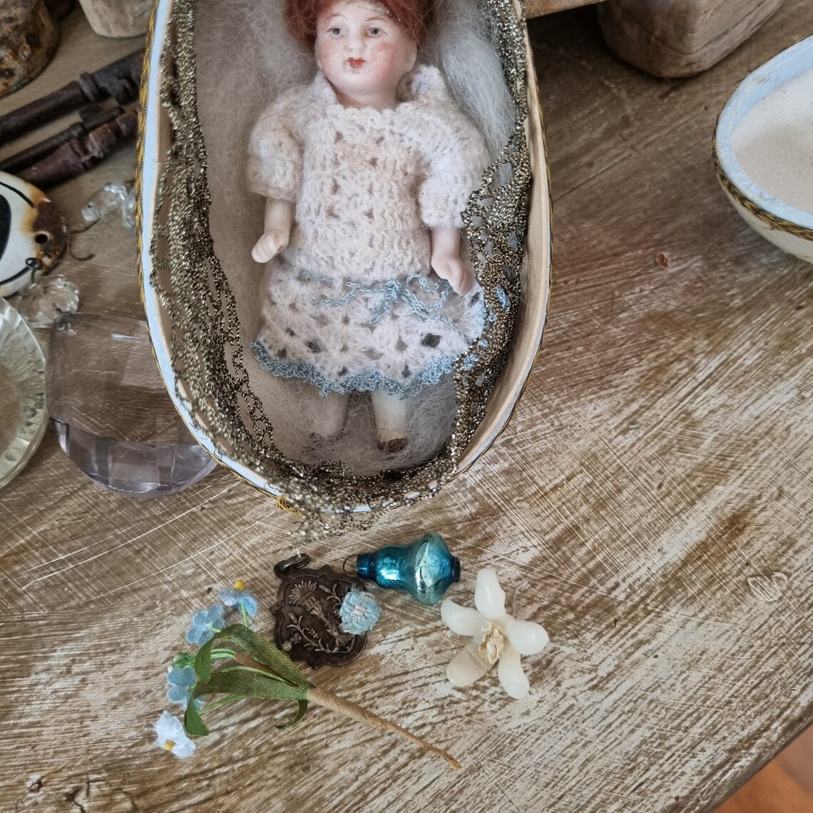 Antique Silk Handpainted French Egg With a Porcelain Bisque Doll and ...