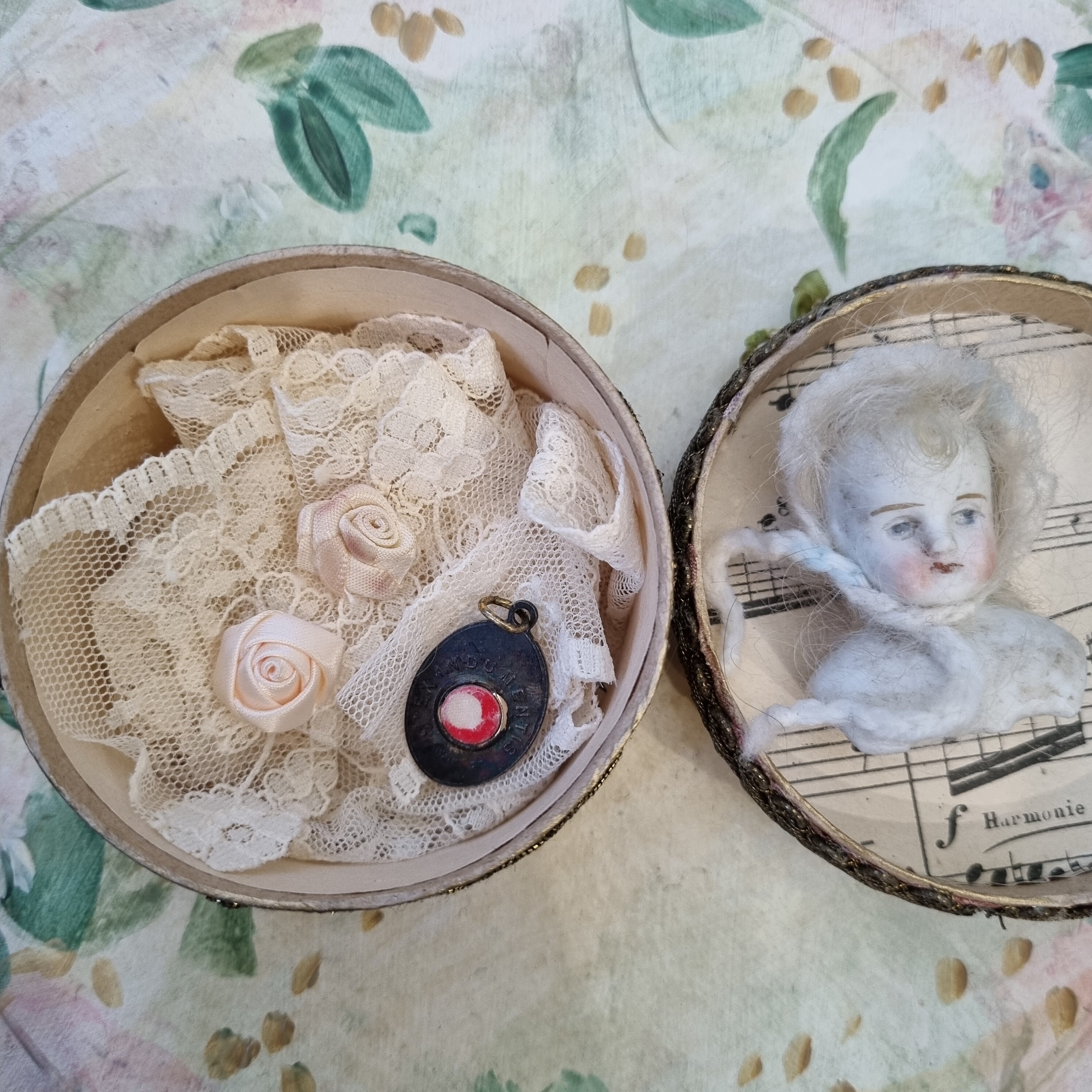 Vintage Antique Ribbonwork Box With a German Half Doll and Accessories ...