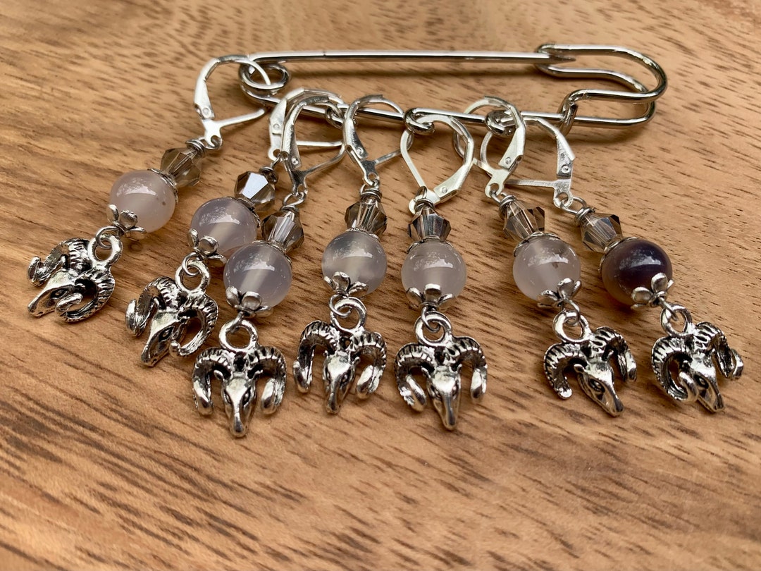 7 Silver Rams Head Beaded Stitch Markers, Smokey Agate, Swarowski ...