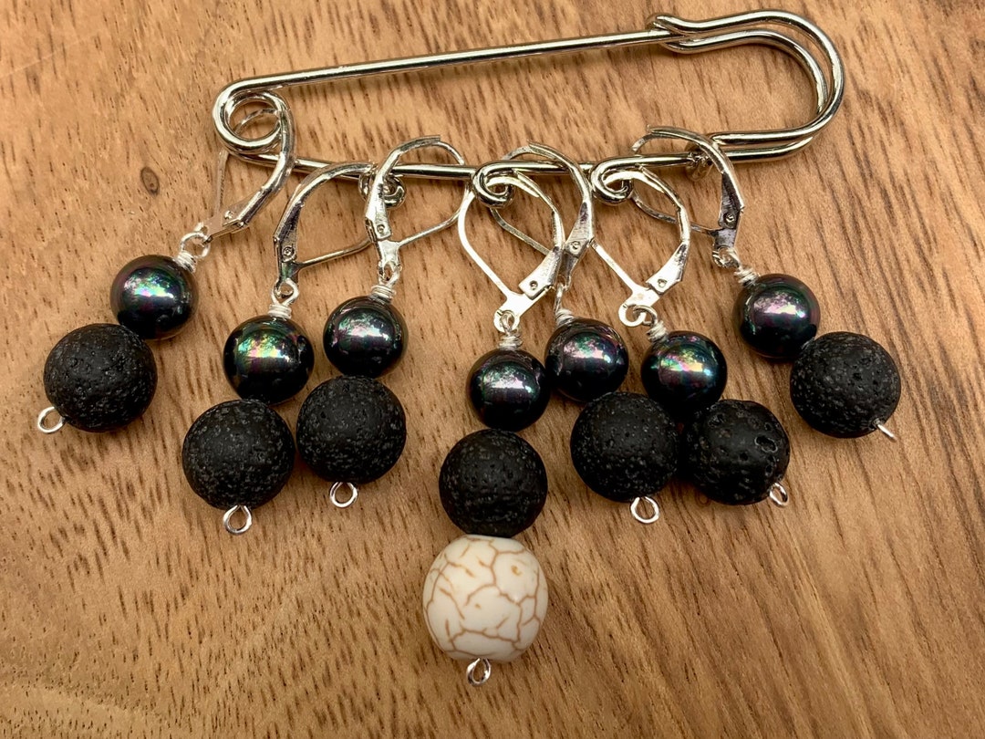 7 Black Pearl With Lava Stone Stitch Markers, Cracked Stone, Crochet ...