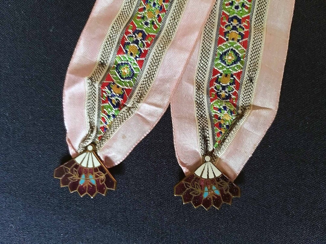 Victorian Silk Ribbon Sash With Two Brass Cloisonne Enamel Fan Weights ...