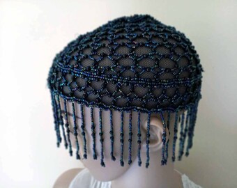 1920s Style FULLY Beaded Silver FLAPPER Head Cap Skull Headpiece Gatsby ...