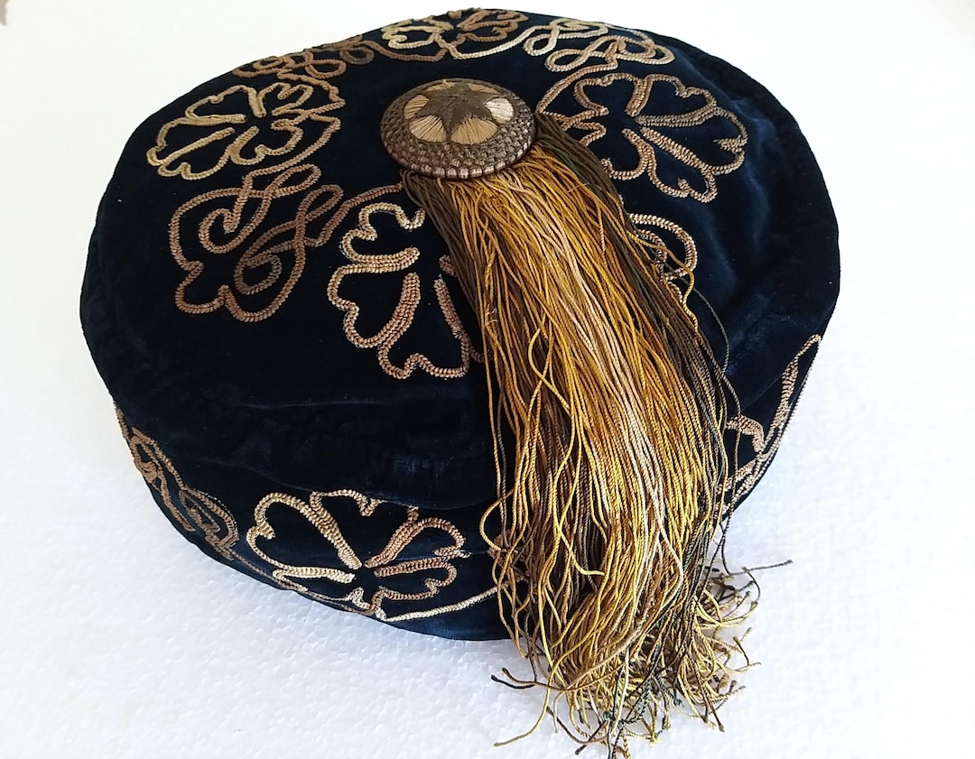 Victorian Blue Velvet Embroidered Smoking Cap With Tassel 1860s-genuine ...