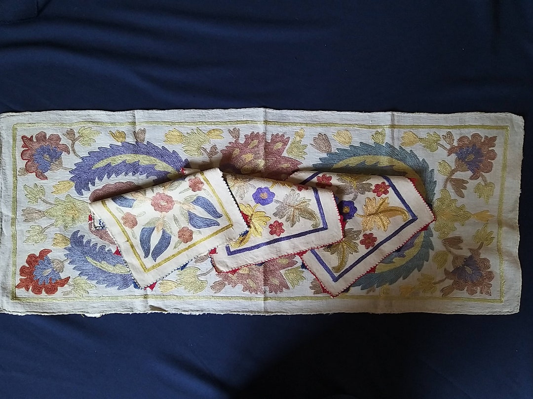 Antique Crewel Embroidered Mat Set Linen Table Mat-1910s-arts & Crafts ...