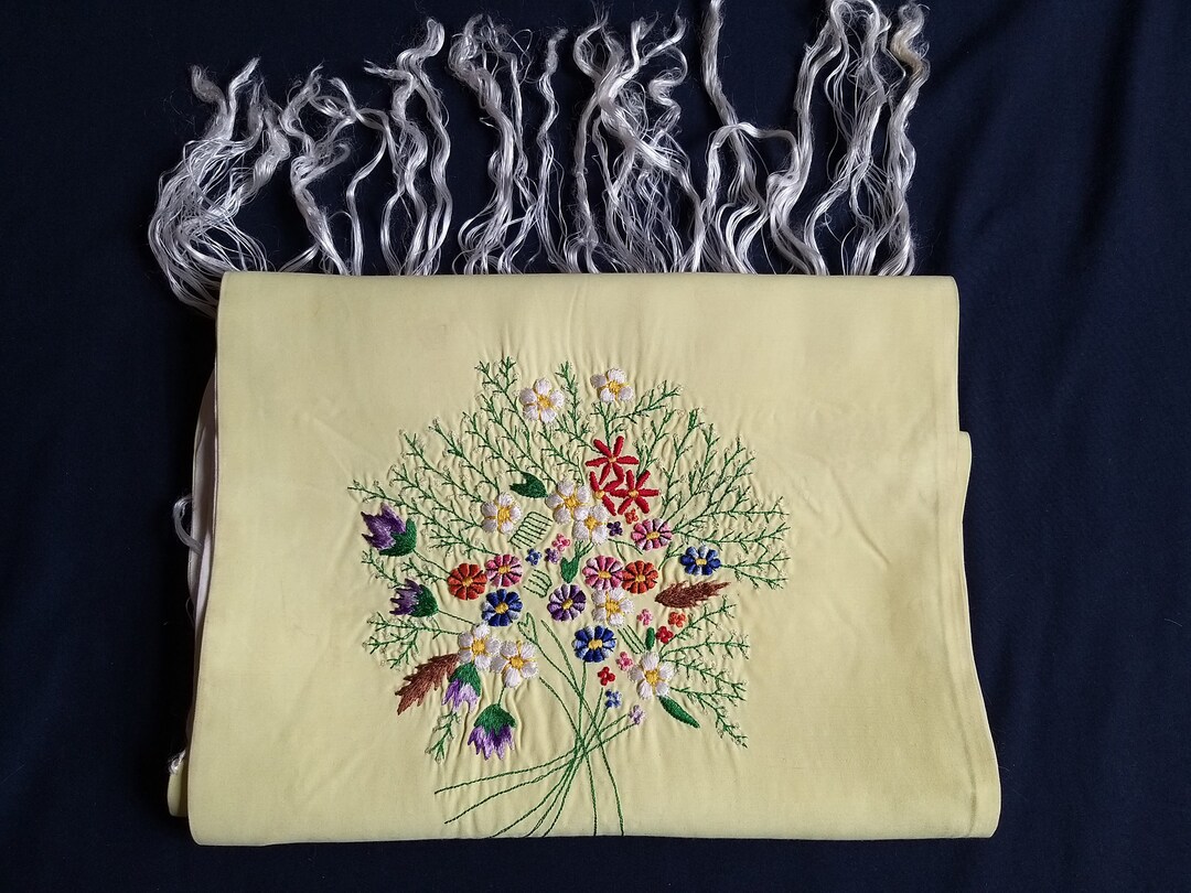 Antique Society Silk Embroidered Table Runner or Stole / Shawl-fringed ...