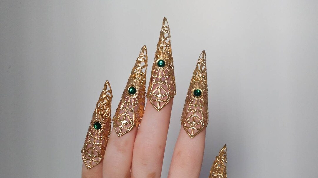 Gothic Finger Claws emerald Gold Nail Tips Dark - Etsy