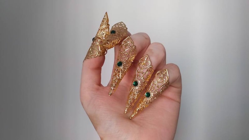 Gothic Finger Claws emerald Gold Nail Tips Dark - Etsy