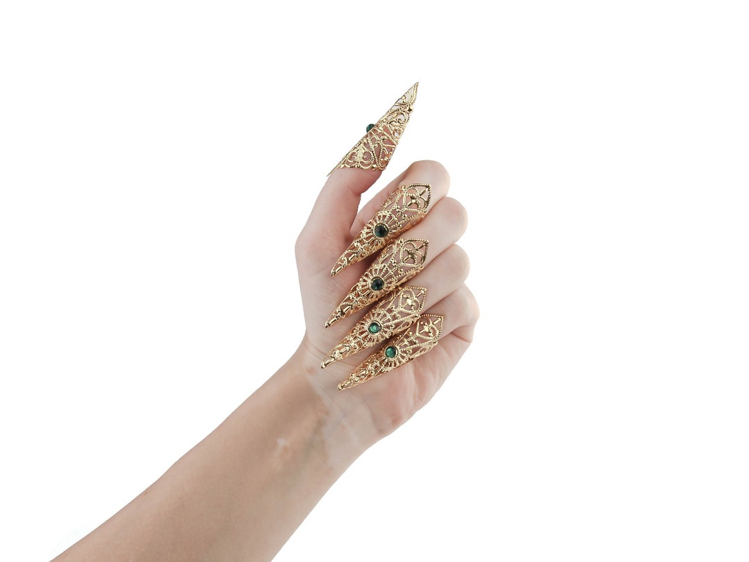 Gothic Finger Claws "emerald" Gold Nail Tips Goth Jewelry Ring Set ...
