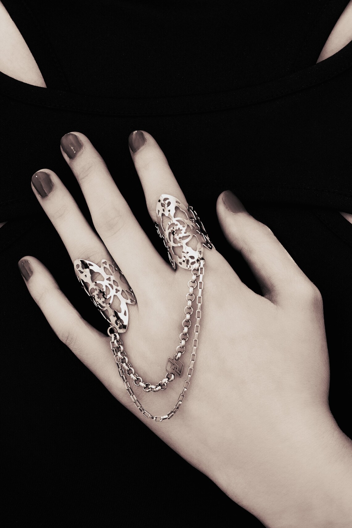 Wide Goth Double Ring nikki Full Finger Ring Dark - Etsy