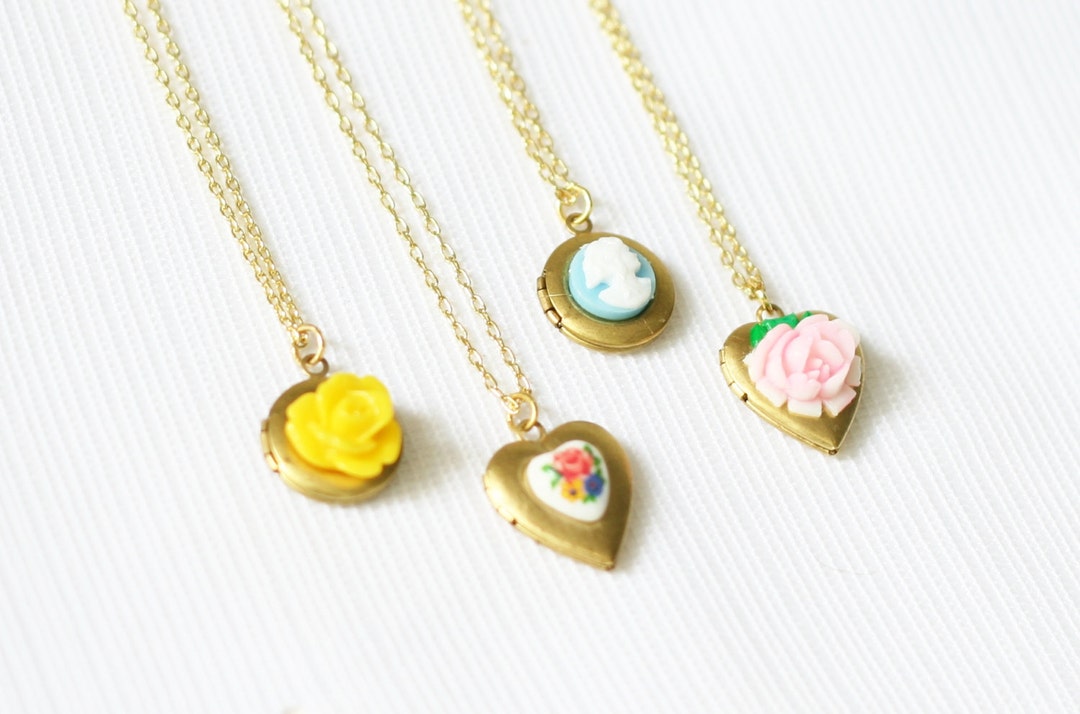 Girl's Little Locket Necklace, Brass Heart Locket Necklace, Round Brass ...