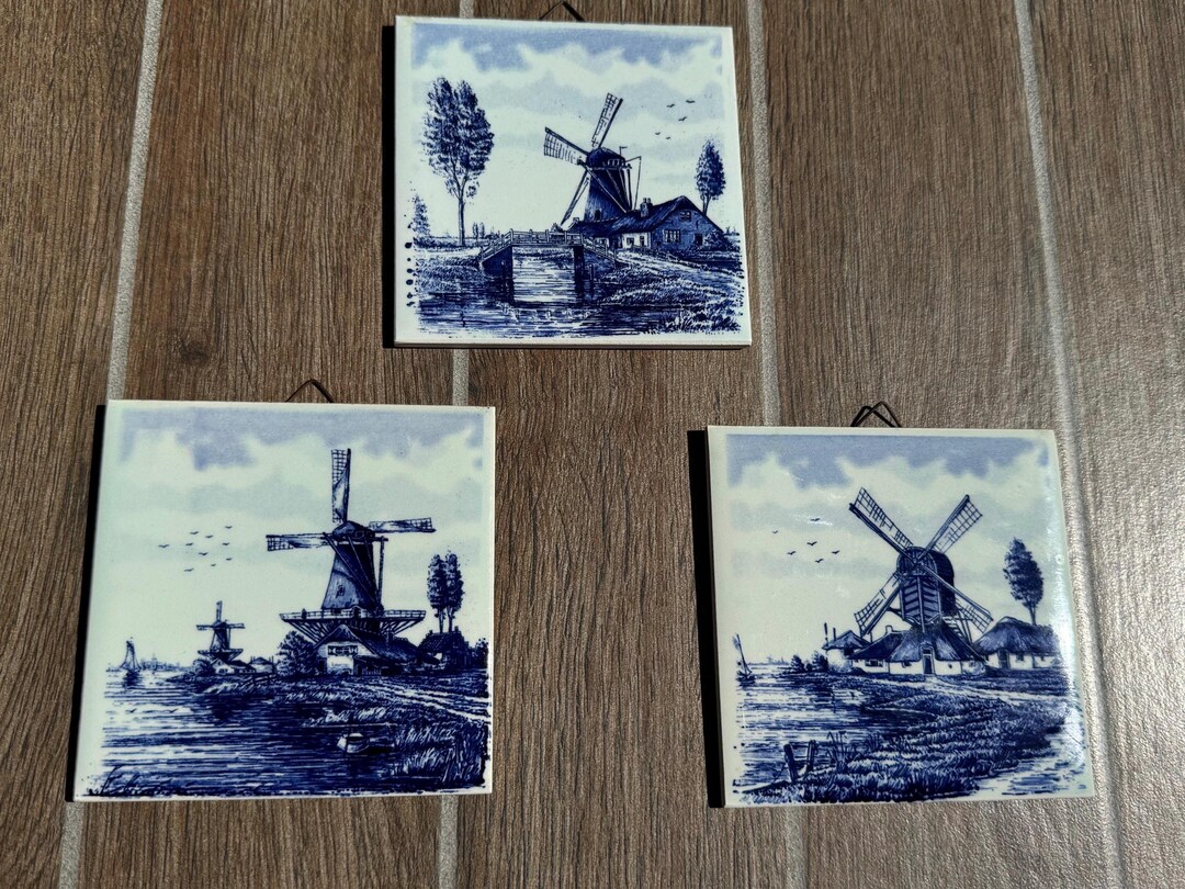 Vintage Delft Delftware Tile Holland Blue Whit Tiles With Windmills ...