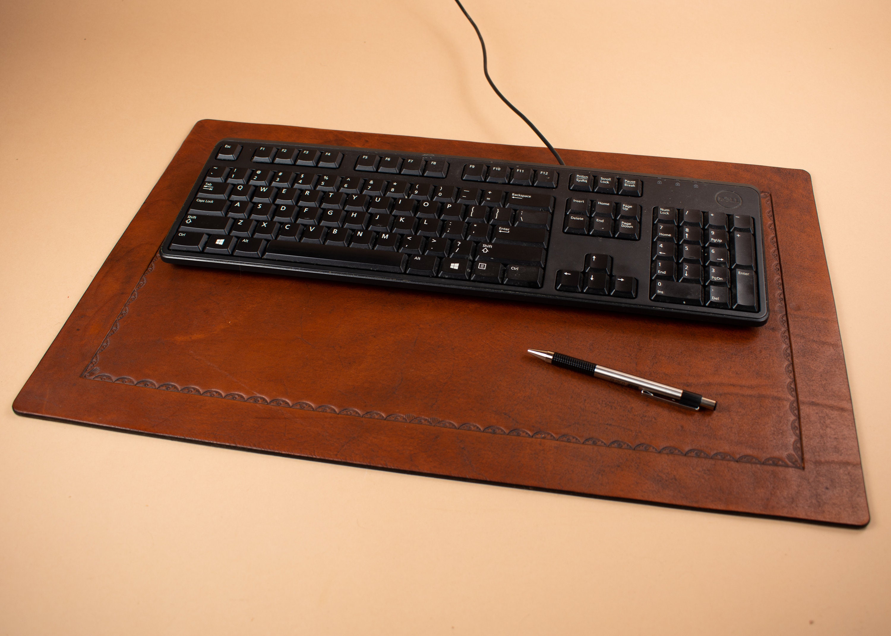 Desk Pad With Tooled Border In Full Grain Leather