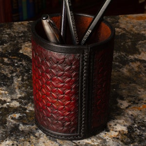 Tooled Leather Pen Cup - Interlocking Circles With Red and Black Finish ...
