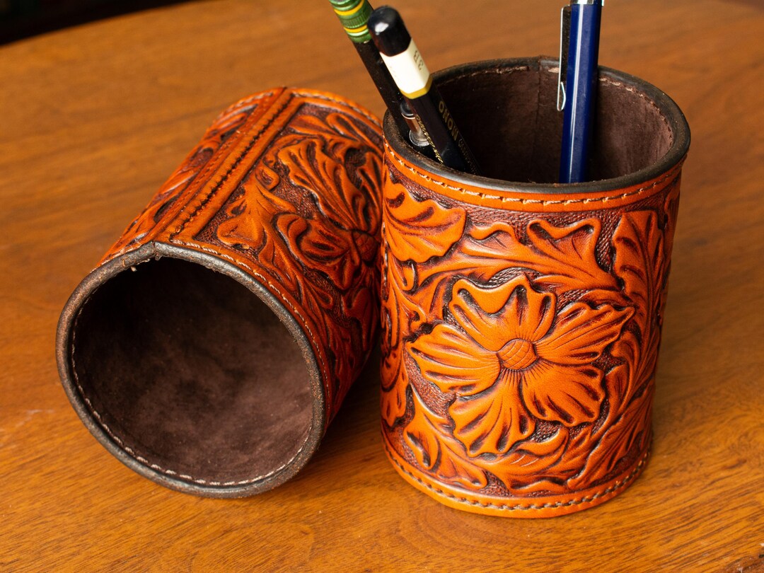 Pen Cup - Western Floral Tooling - Suede Lining - Etsy