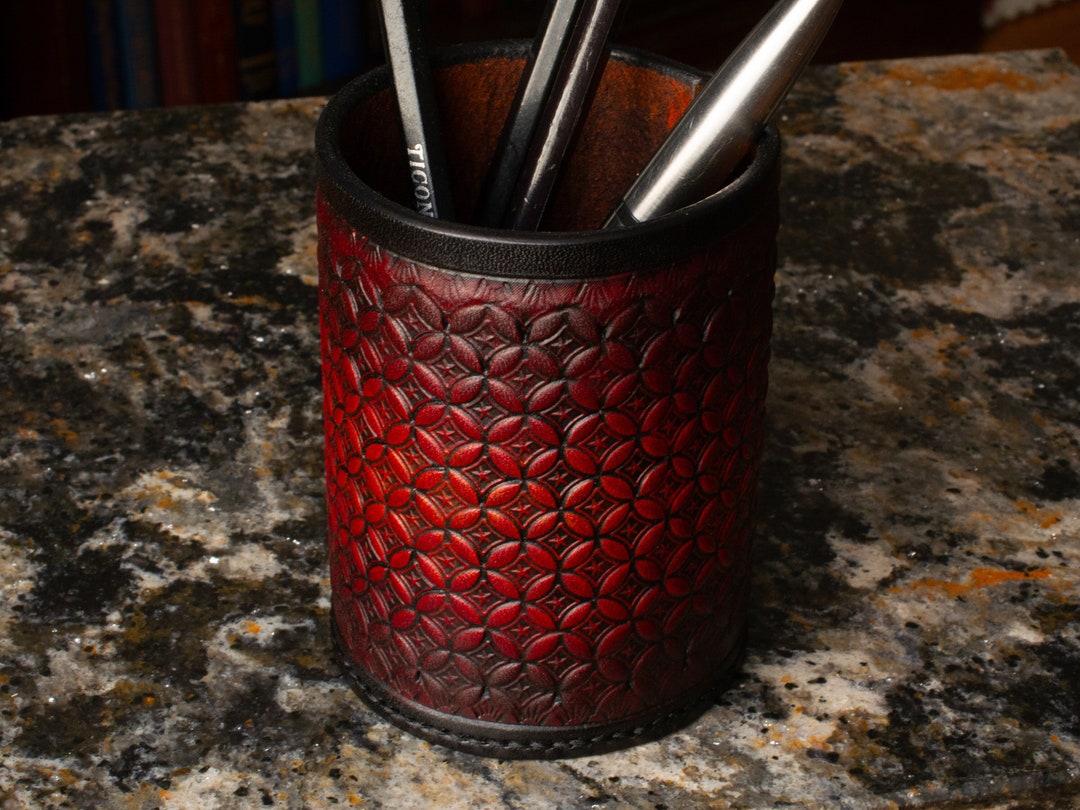 Tooled Leather Pen Cup - Interlocking Circles With Red and Black Finish ...