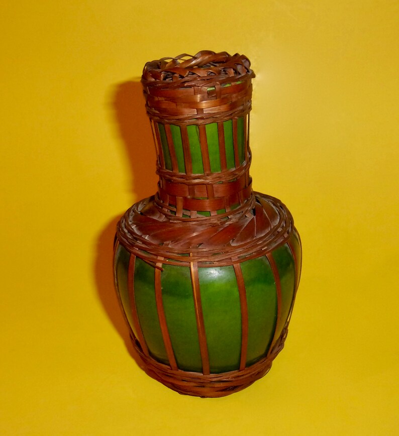 AWAJI WARE VASE Japan Antique Asian Woven Wicker Bamboo Emerald Green ...