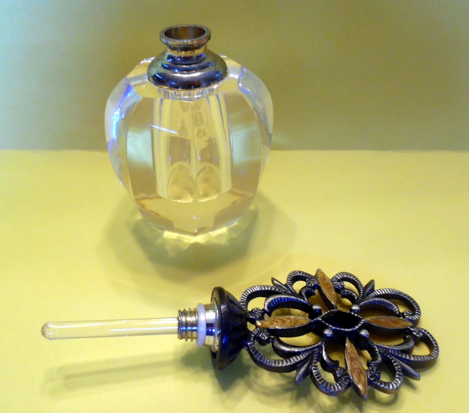 Cut GLASS PERFUME BOTTLE Octagon Dauber Brass Openwork Enamel Floral ...