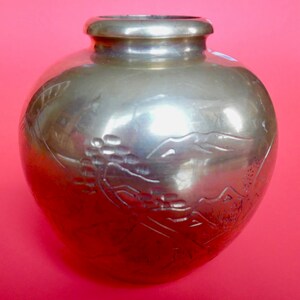 JAPANESE BRASS VASE Solid Engraved Scene Landscape Mountains Homes ...