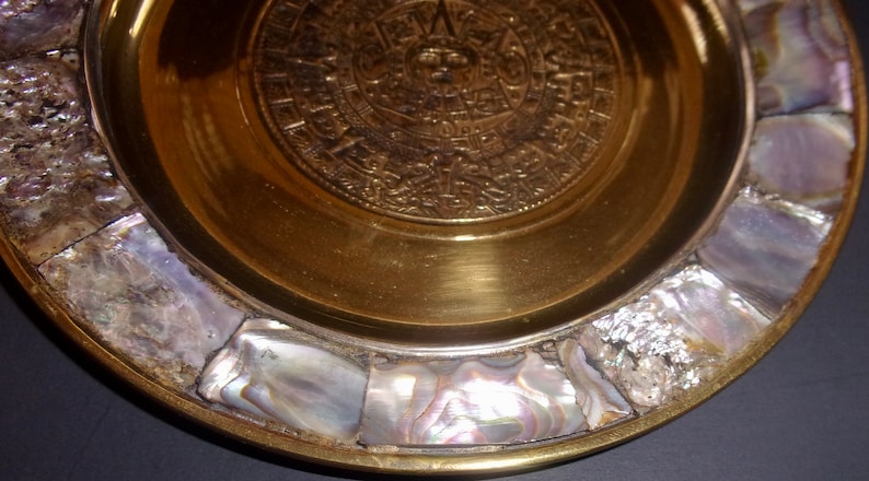 BRASS MAYAN CALENDAR Abalone Mosaic Shell Hanging Vintage Mexico Aztec ...