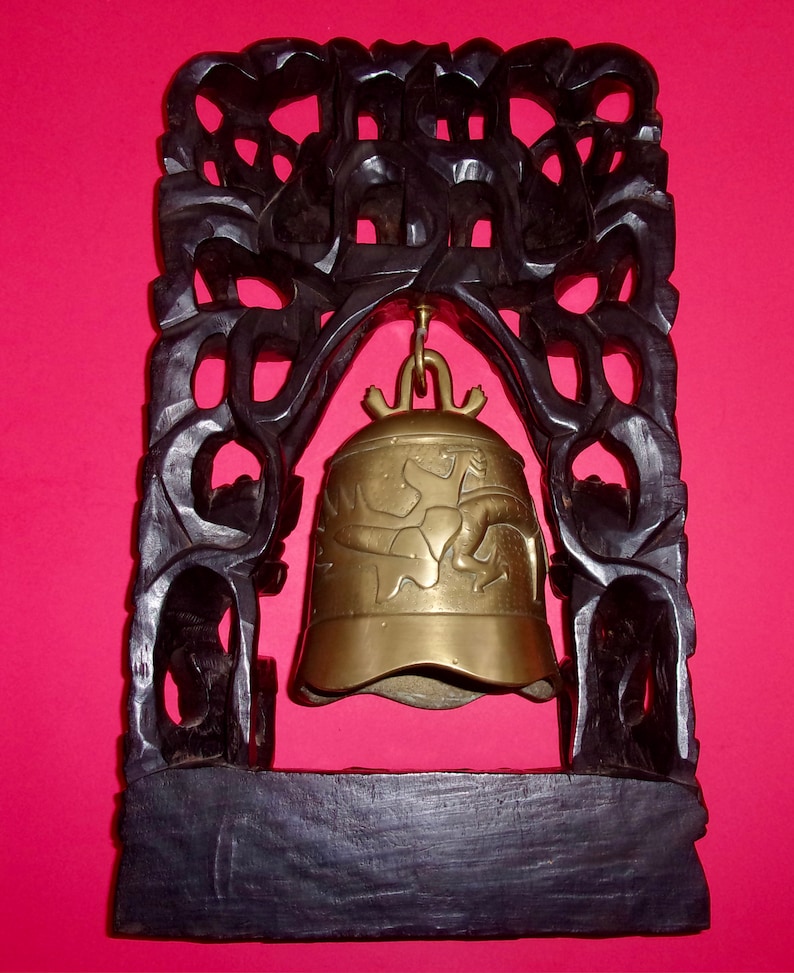 TEMPLE BELL WOOD Frame Brass Mahogany Hand Carved Chinese Double ...